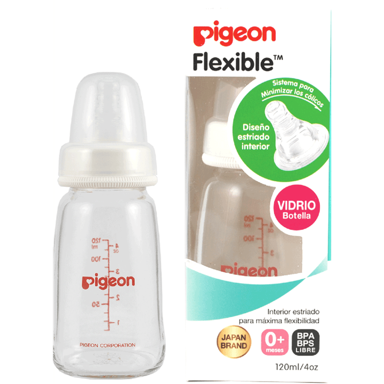Mamadera Pigeon 120 ml, chupete peristáltico, biberón de vidrio